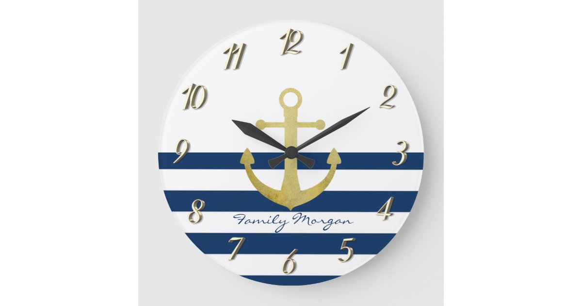 Nautical Boat Name,Gold Anchor Navy Blue Stripes Large Clock | Zazzle