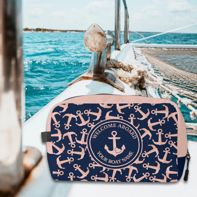 Nautical Boat Name Plush Navy Anchors Pattern Dopp Kit | Zazzle