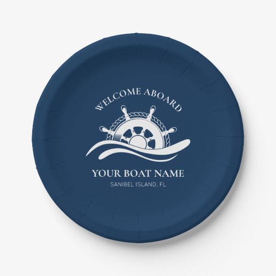 Nautical Boat Name Welcome Aboard Ship Wheel Navy Paper Plates | Zazzle.com
