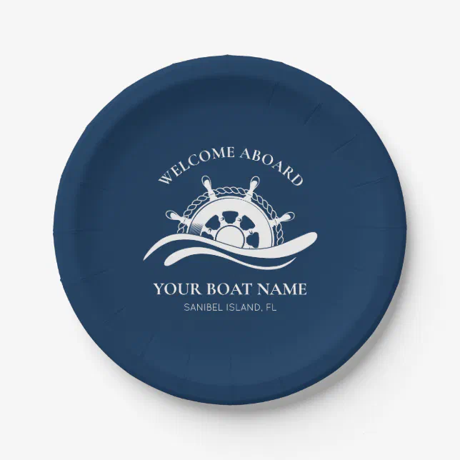 Nautical Boat Name Welcome Aboard Ship Wheel Navy Paper Plates | Zazzle