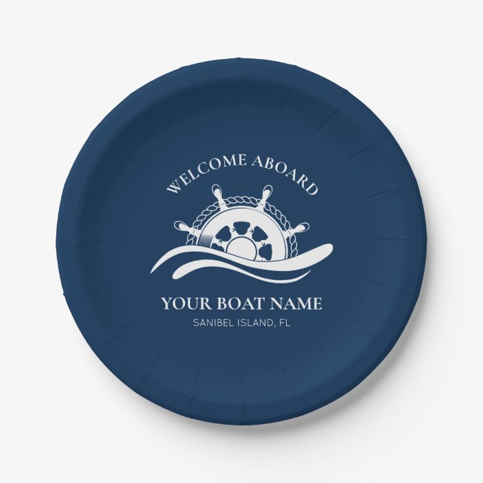 Nautical Boat Name Welcome Aboard Ship Wheel Navy Paper Plates | Zazzle.com