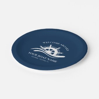Nautical Boat Name Welcome Aboard Ship Wheel Navy Paper Plates | Zazzle