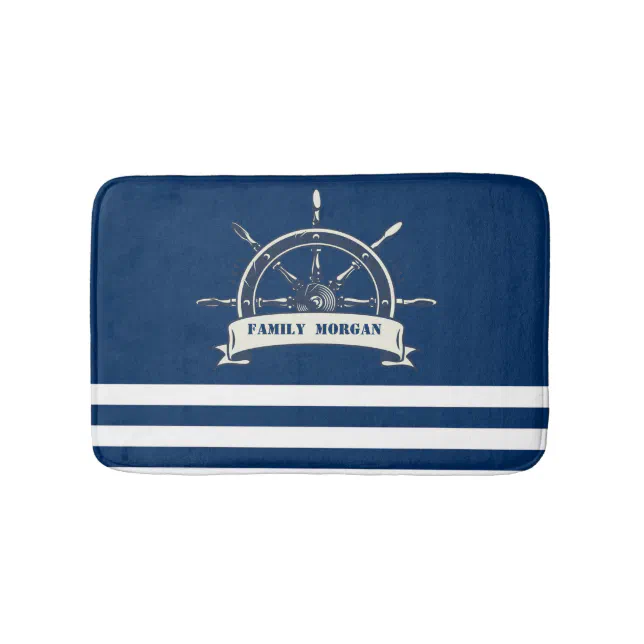 Nautical Boat Wheel, Navy Blue Stripes Bath Mat | Zazzle