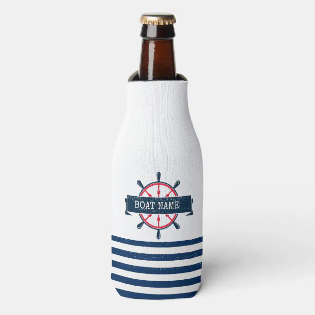 Nautical Boat Wheel, Navy Blue Stripes Bottle Cooler | Zazzle