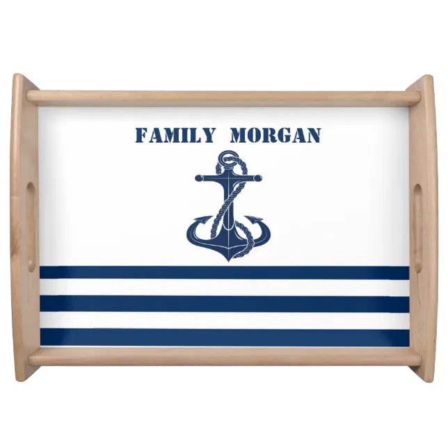 Nautical Boat Wheel, Navy Blue Stripes Serving Tray | Zazzle