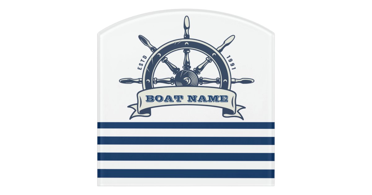 Nautical Boat Wheel, Navy Blue White Stripes Door Sign | Zazzle