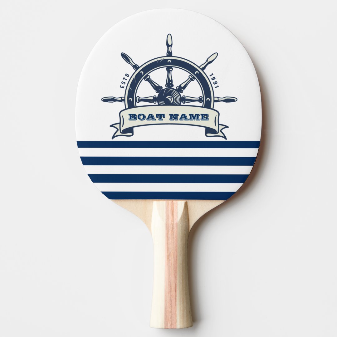 Nautical Boat Wheel, Navy Blue White Stripes Ping Pong Paddle | Zazzle