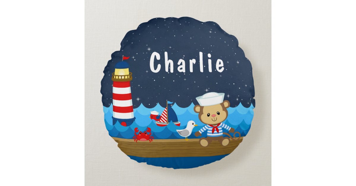 Nautical Boy Monkey Red and Navy Round Pillow | Zazzle