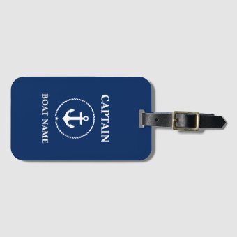 Nautical Captain Boat Name Anchor Rope Navy Blue Luggage Tag | Zazzle