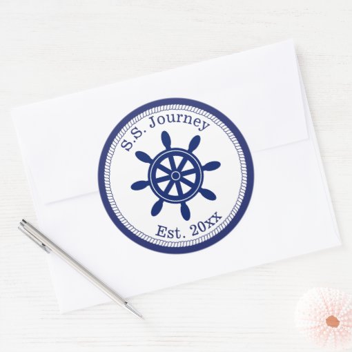 Nautical Captain's Wheel Add Boat Name Classic Round Sticker | Zazzle