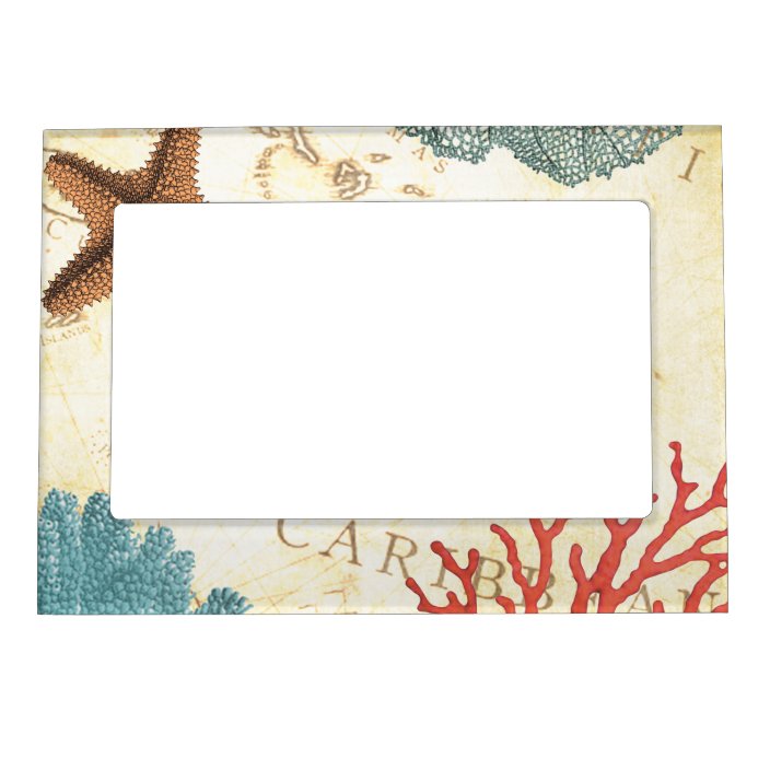 Nautical Caribbean Starfish Rustic Map and Coral Magnetic Frame ...