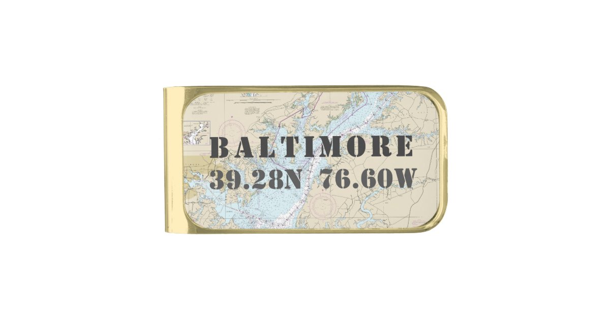 Nautical Chart Latitude Longitude: Baltimore MD Gold Finish Money Clip ...