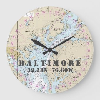 Nautical Chart Vintage Map Baltimore Chesapeake MD Large Clock | Zazzle