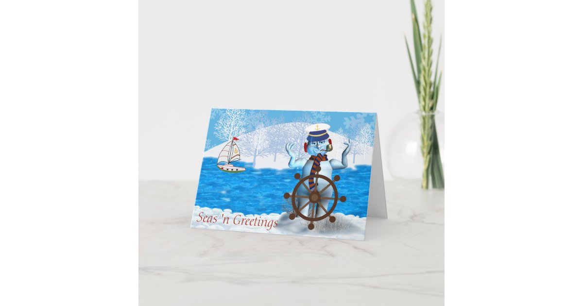 Nautical Christmas Card with Snowman and Sailboat | Zazzle