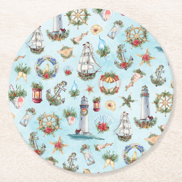 Nautical Christmas Lighthouse Beach Coastal Theme Round Paper Coaster ...