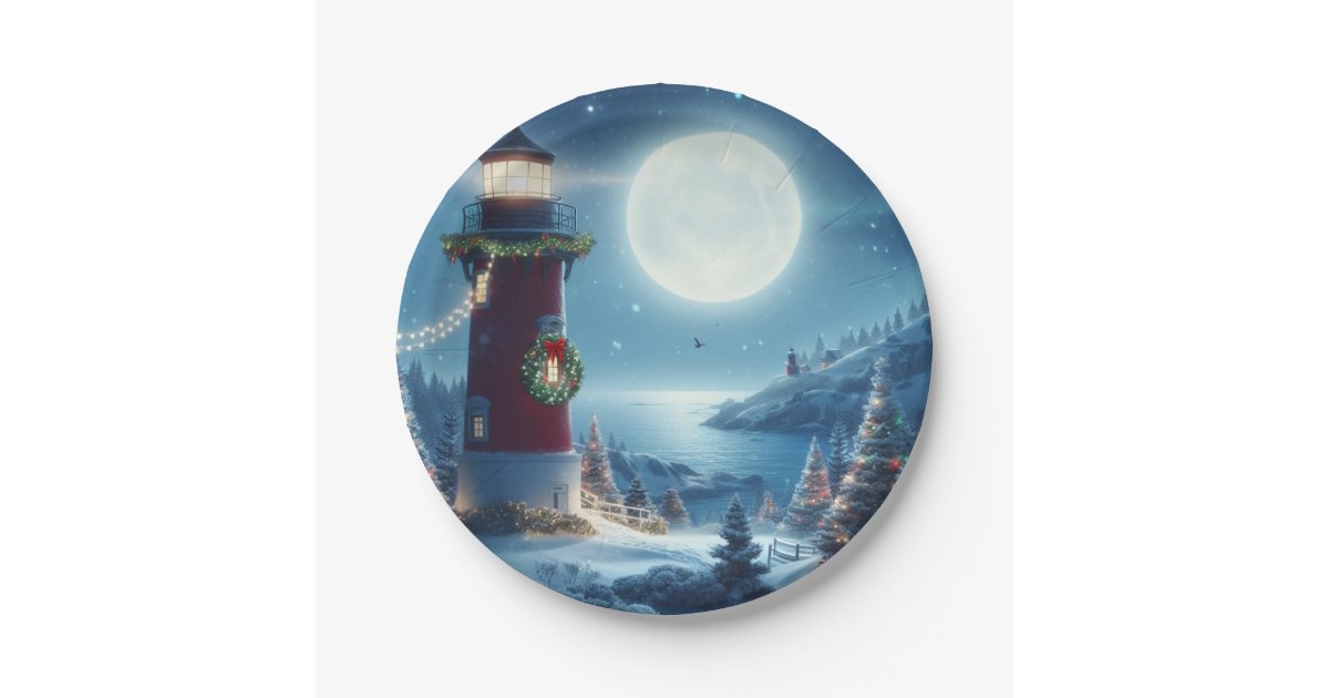 Nautical Christmas lighthouse Paper Plates | Zazzle