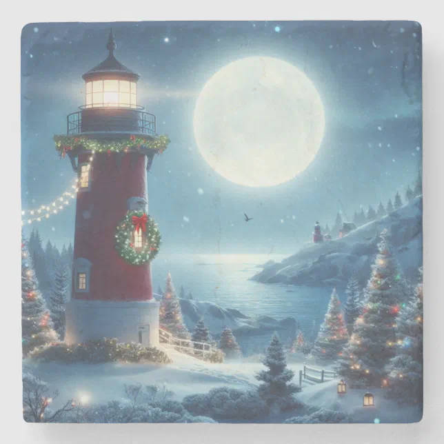Nautical Christmas lighthouse Stone Coaster | Zazzle