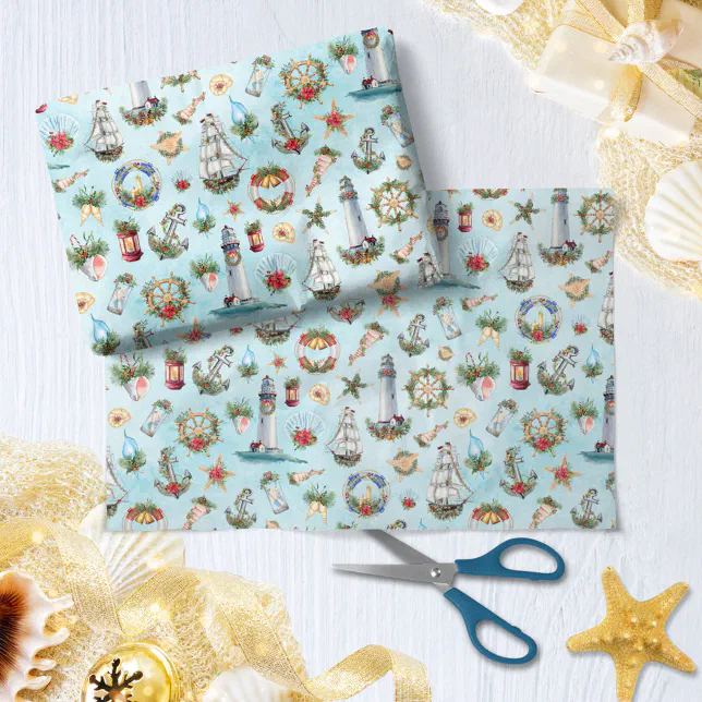 Nautical Christmas Lighthouses Sailing Ships Tissue Paper | Zazzle