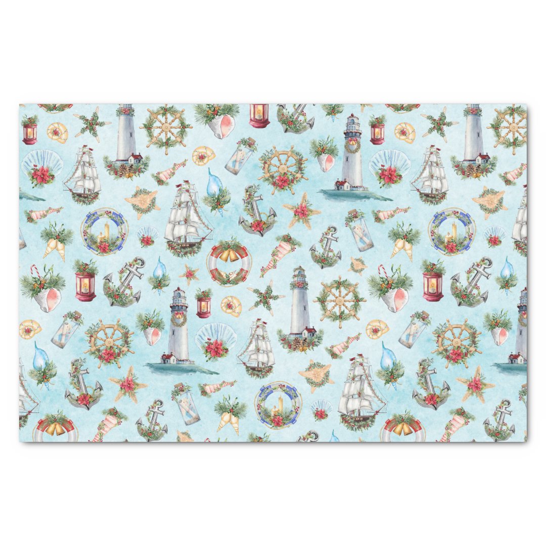 Nautical Christmas Lighthouses Sailing Ships Tissue Paper | Zazzle