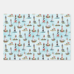 Nautical Christmas Lighthouses Watercolor Coastal Wrapping Paper Sheets ...