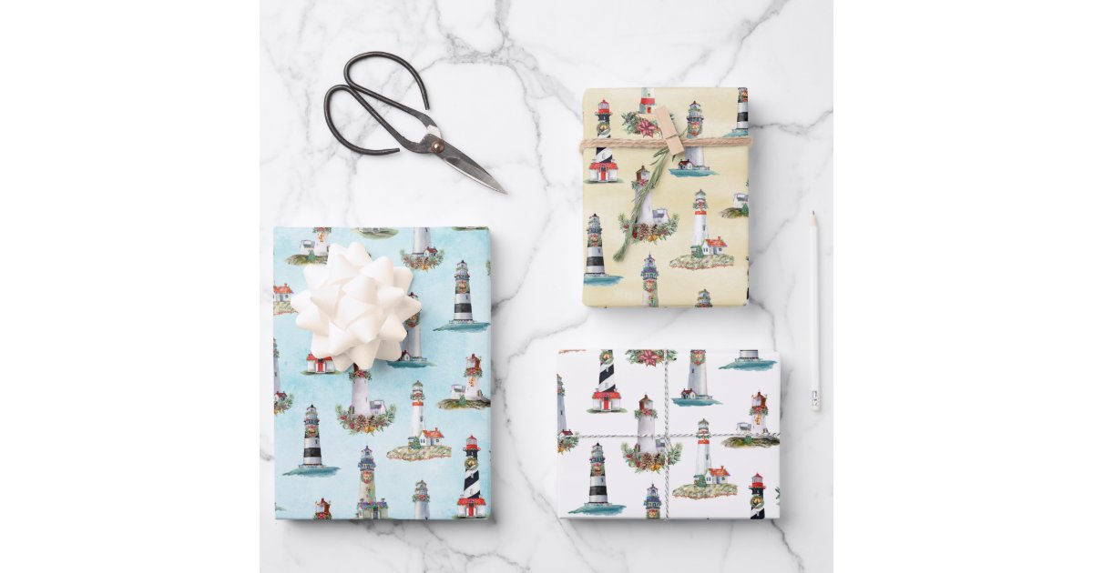 Nautical Christmas Lighthouses Watercolor Coastal Wrapping Paper Sheets ...
