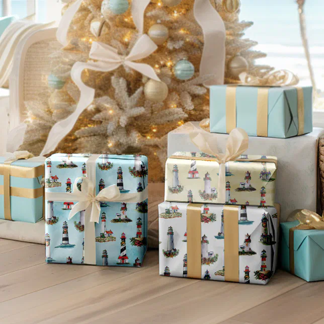 Nautical Christmas Lighthouses Watercolor Coastal Wrapping Paper Sheets ...