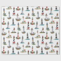 Nautical Christmas Lighthouses White Wrapping Paper | Zazzle