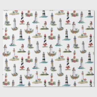 Nautical Christmas Lighthouses White Wrapping Paper | Zazzle