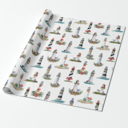 Nautical Christmas Lighthouses White Wrapping Paper | Zazzle