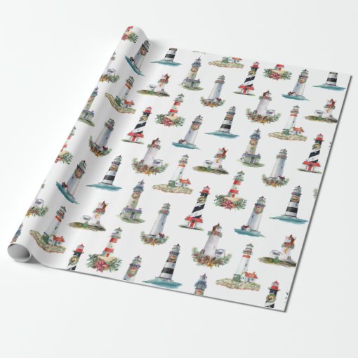 Nautical Christmas Lighthouses White Wrapping Paper | Zazzle