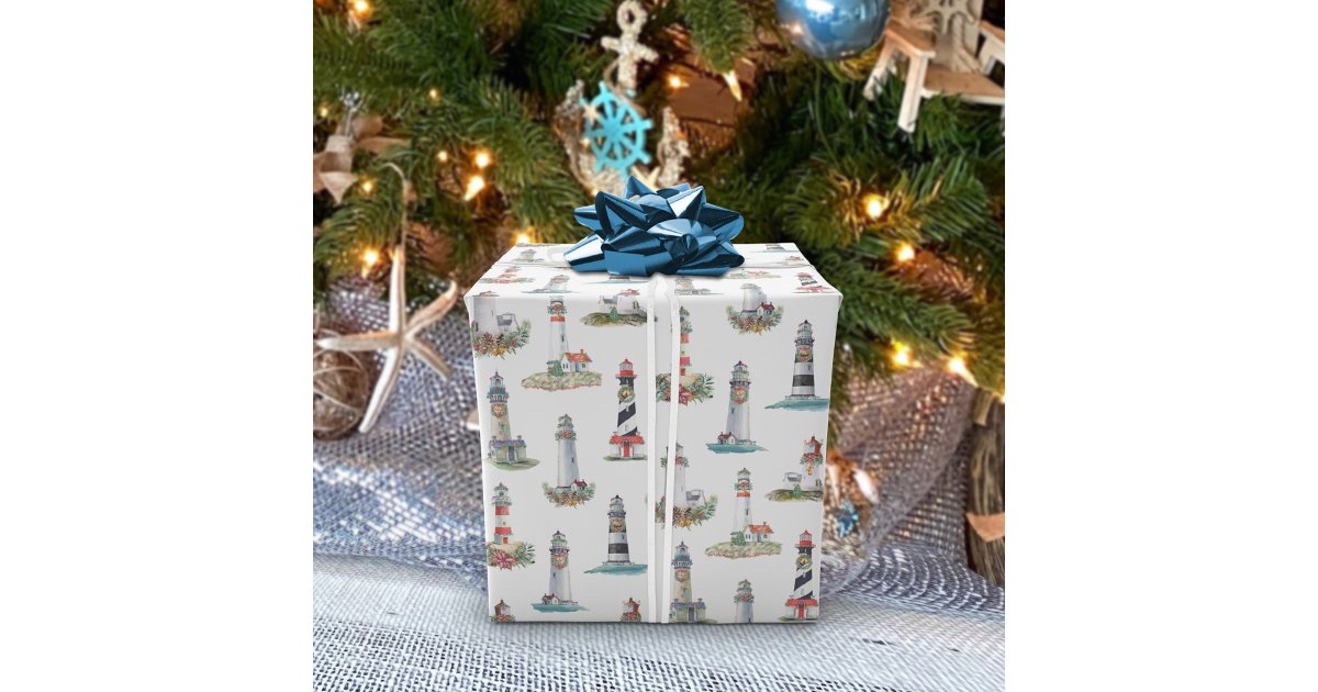 Nautical Christmas Lighthouses White Wrapping Paper | Zazzle