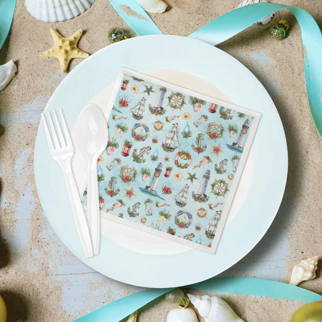 Nautical Christmas Party Beach Coastal Theme Napkins | Zazzle