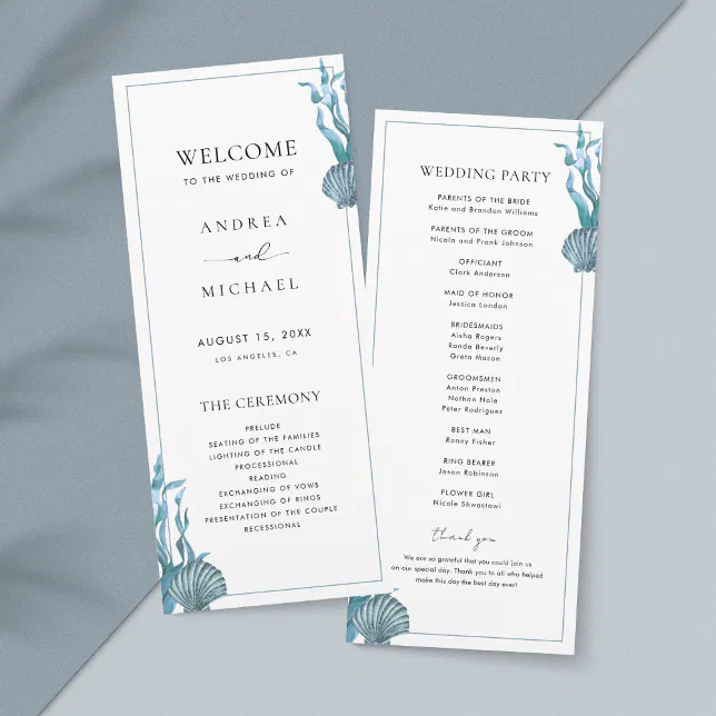 Nautical Coastal Blue Sea Shell Beach Wedding Program | Zazzle