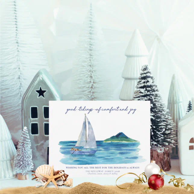 Nautical Coastal Watercolor Christmas Card | Zazzle