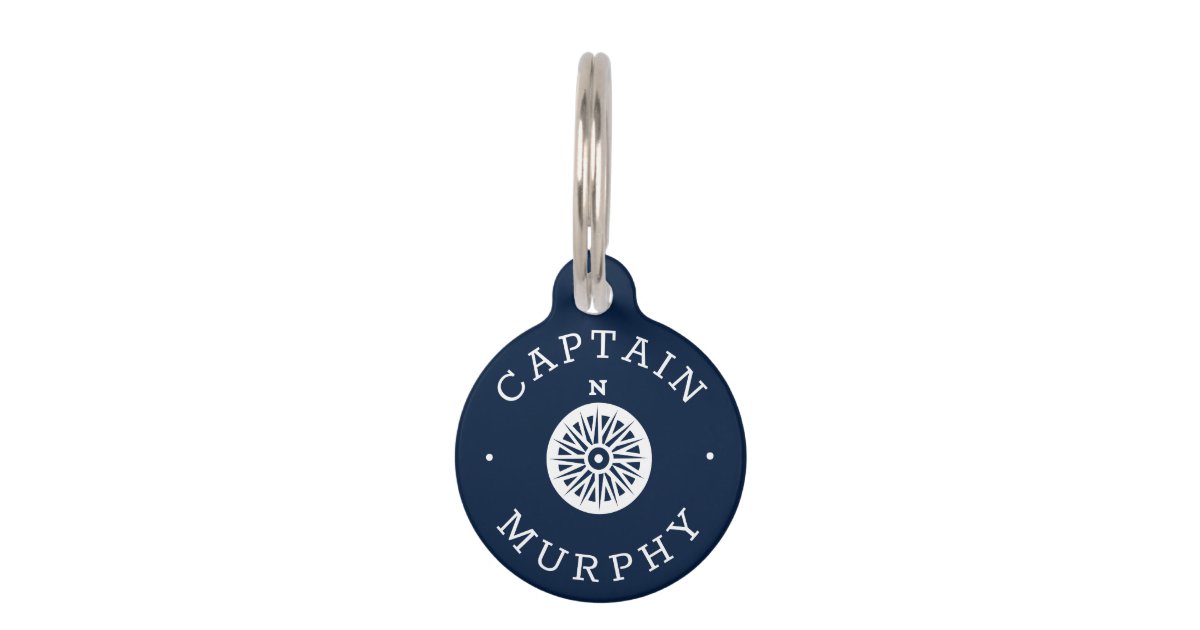 Nautical Compass Custom Captain name Navy Blue Pet ID Tag | Zazzle
