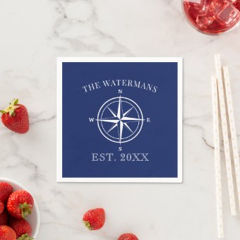 Nautical Compass Rose Family Name Navy Blue Napkins | Zazzle