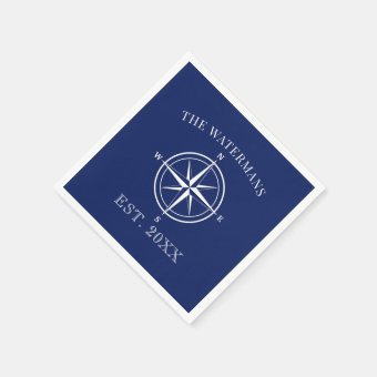 Nautical Compass Rose Family Name Navy Blue Napkins | Zazzle