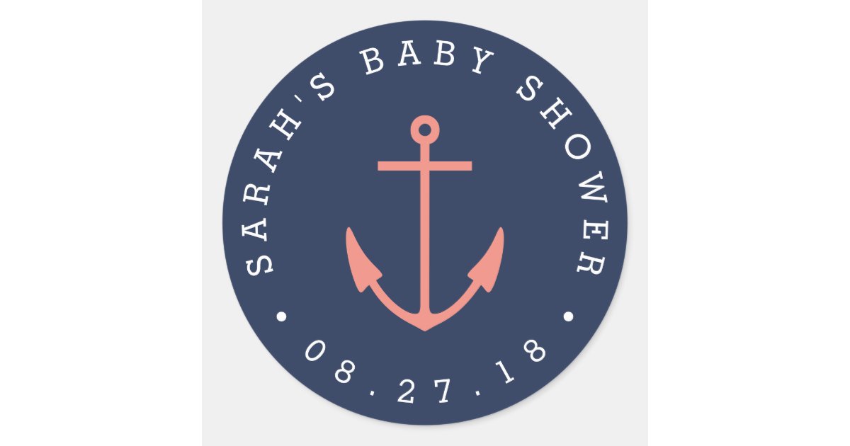 Nautical Coral and Navy Anchor Baby Shower Classic Round Sticker | Zazzle