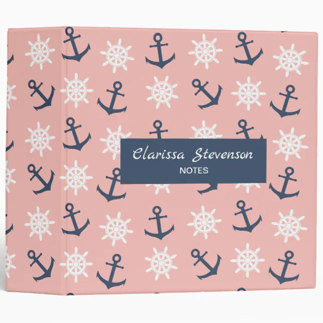 Nautical coral navy blue anchor and wheel pattern 3 ring binder | Zazzle