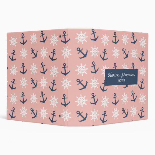 Nautical coral navy blue anchor and wheel pattern 3 ring binder | Zazzle