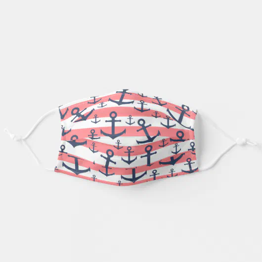 Nautical coral stripe navy blue anchor pattern adult cloth face mask ...