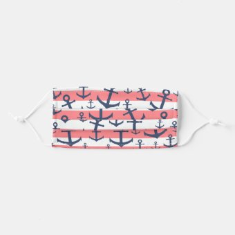 Nautical coral stripe navy blue anchor pattern adult cloth face mask ...