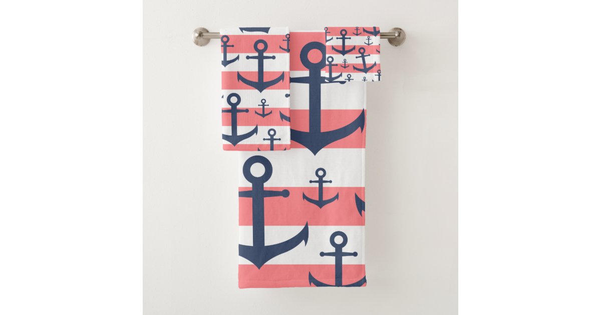 Nautical coral stripe navy blue anchor pattern bath towel set | Zazzle