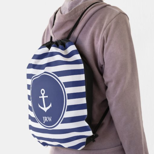 Nautical Dark Blue White Stripes Anchor & Monogram Drawstring Bag | Zazzle