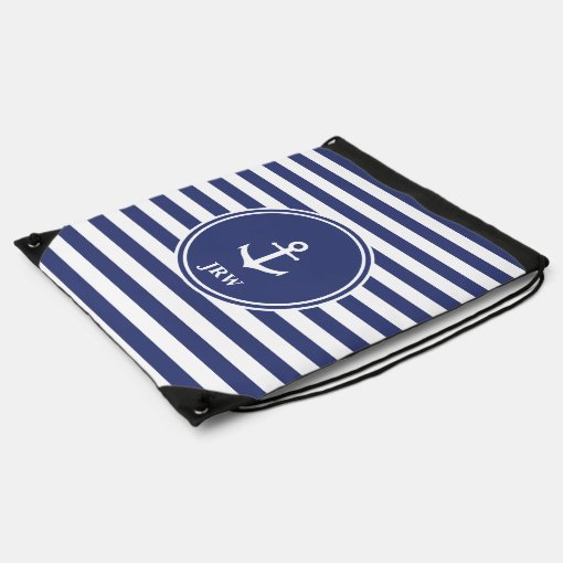 Nautical Dark Blue White Stripes Anchor & Monogram Drawstring Bag | Zazzle