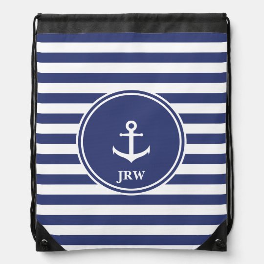 Nautical Dark Blue White Stripes Anchor & Monogram Drawstring Bag ...