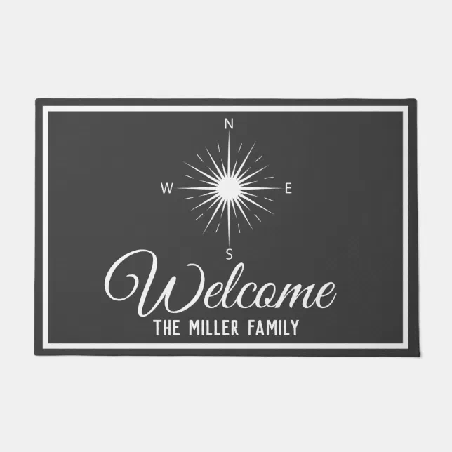 Nautical Dark Gray & White Compass - Personalized Doormat | Zazzle