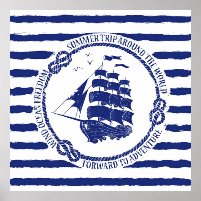 Nautical Emblem With Sailing Ship Poster | Zazzle