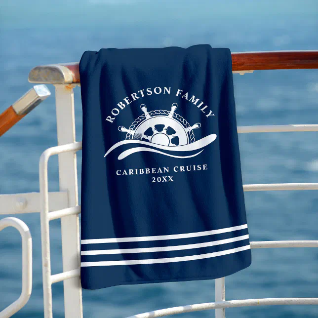 Nautical Family Cruise Ship Wheel Navy Blue Beach Towel | Zazzle