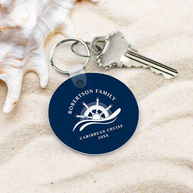 Nautical Family Cruise Ship Wheel Navy Blue Keychain | Zazzle